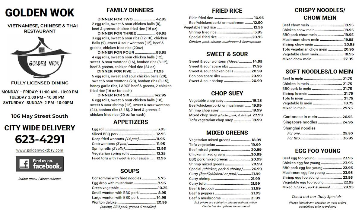 Menu at The Golden Wok restaurant, Thunder Bay