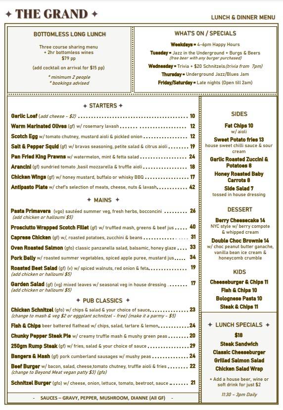 Menu at The Grand Hotel pub & bar, Newcastle