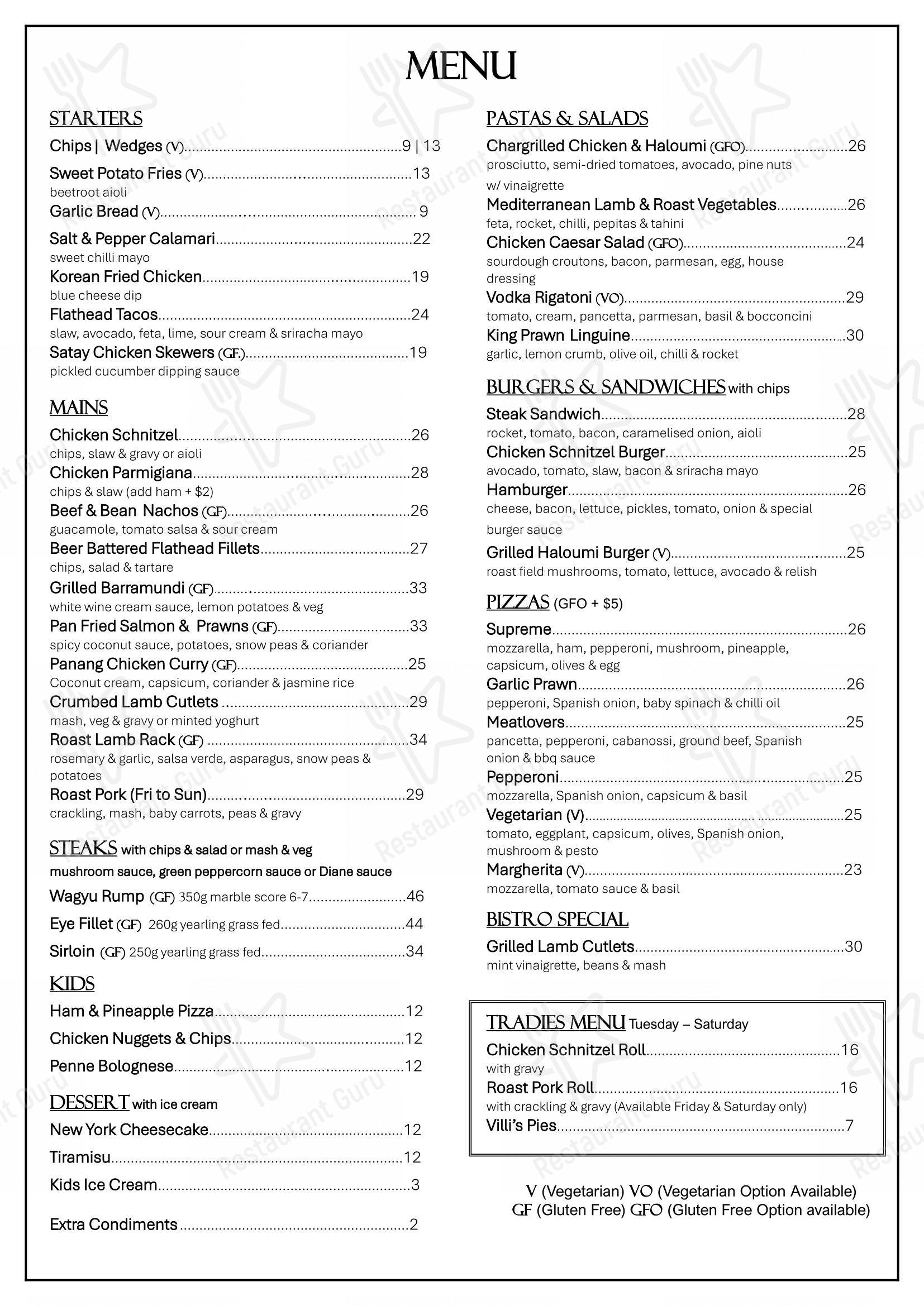 Menu at The Great Northern Hotel restaurant, Chatswood