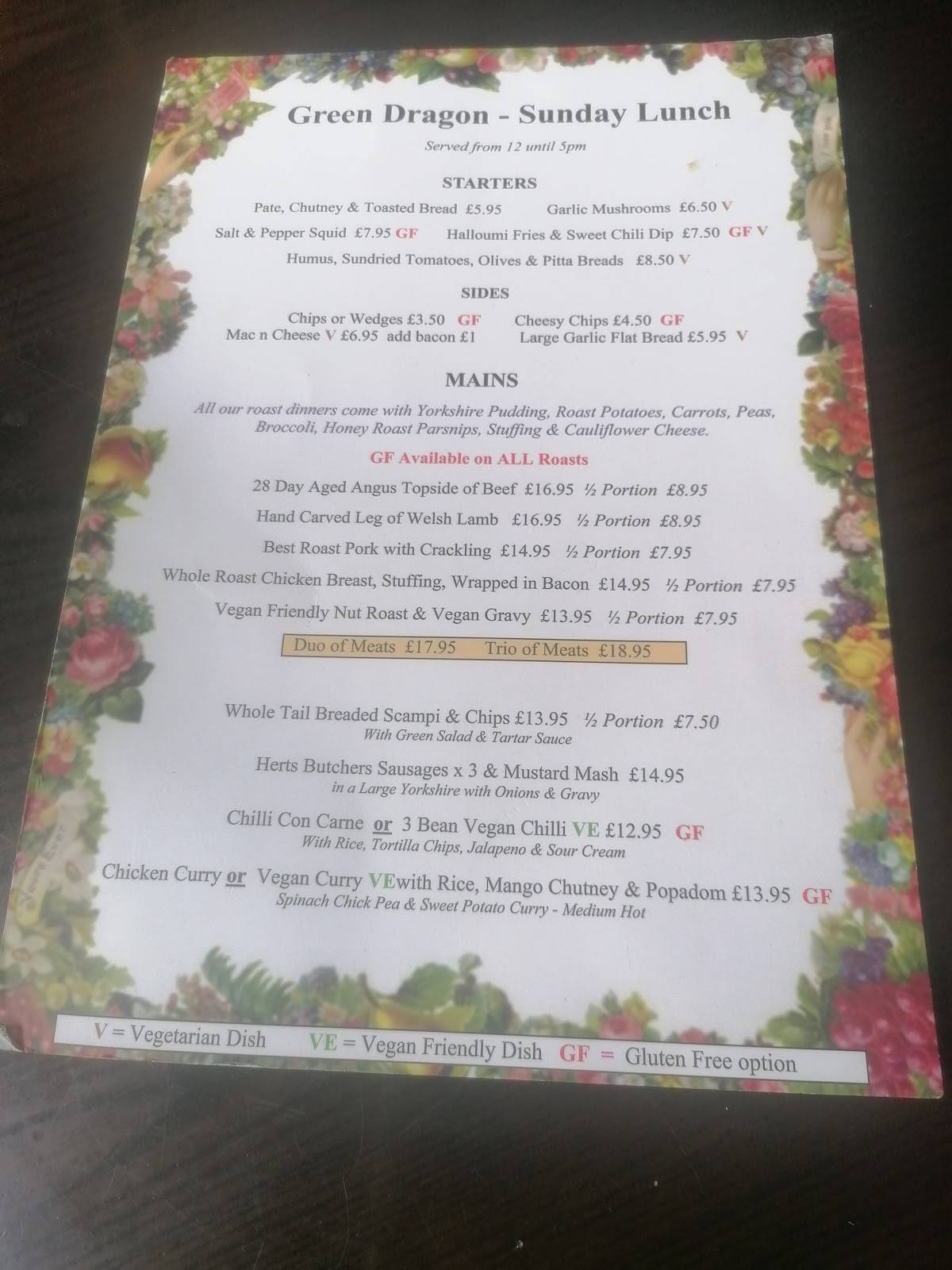 Menu at The Green Dragon pub & bar, London Colney