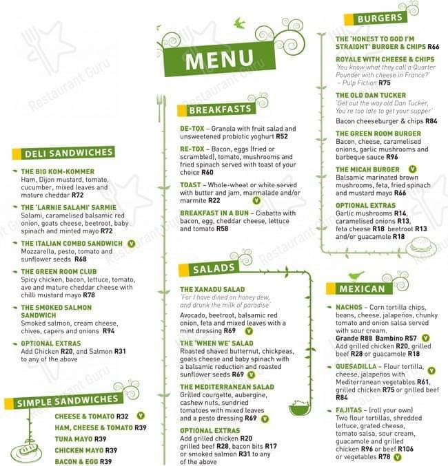 Menu at The Green Room restaurant, Cape Town