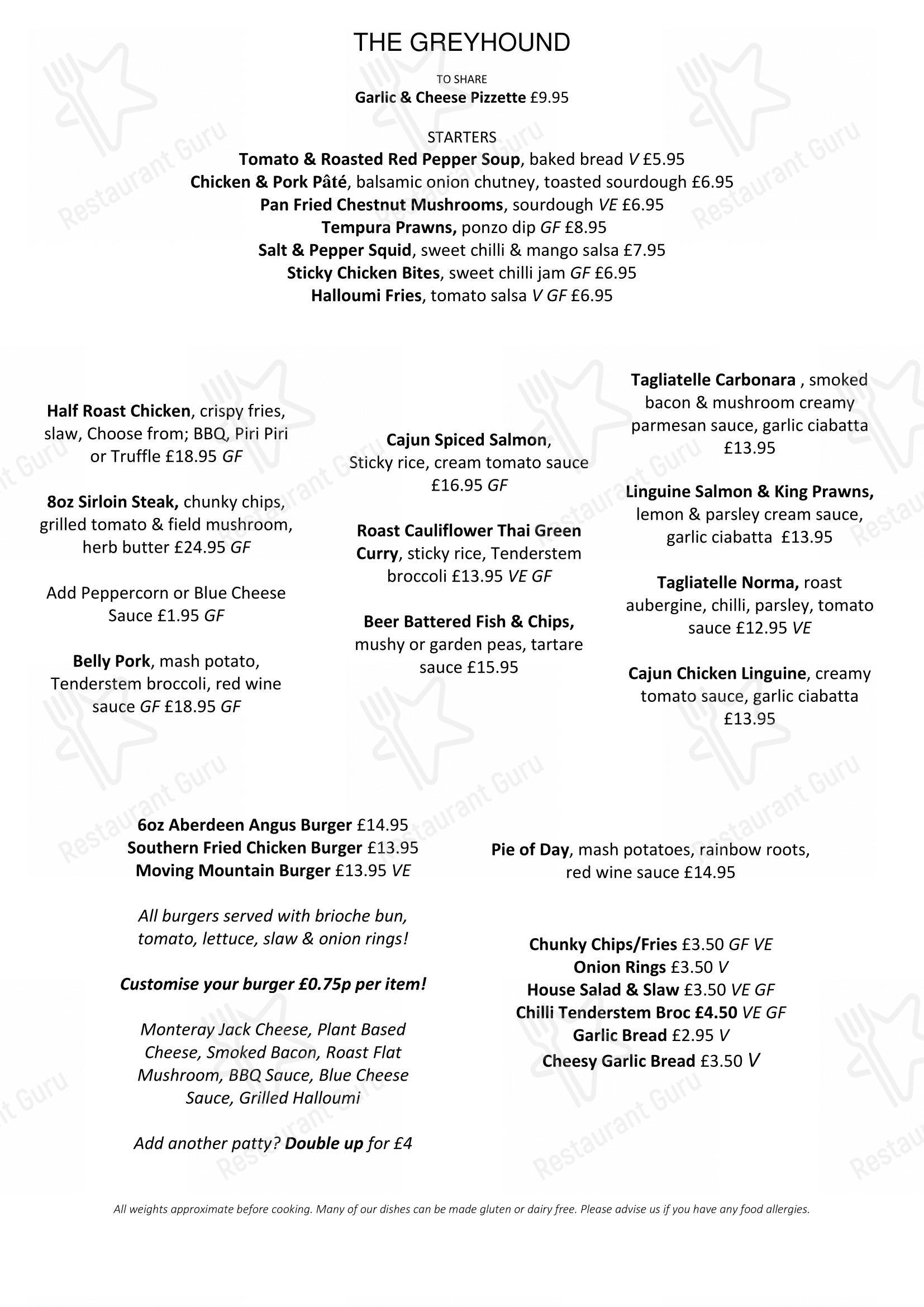 Menu at The Greyhound Inn pub & bar, Wolverhampton, The Greyhound