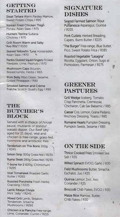 Menu at The Grill Room restaurant, Sun City