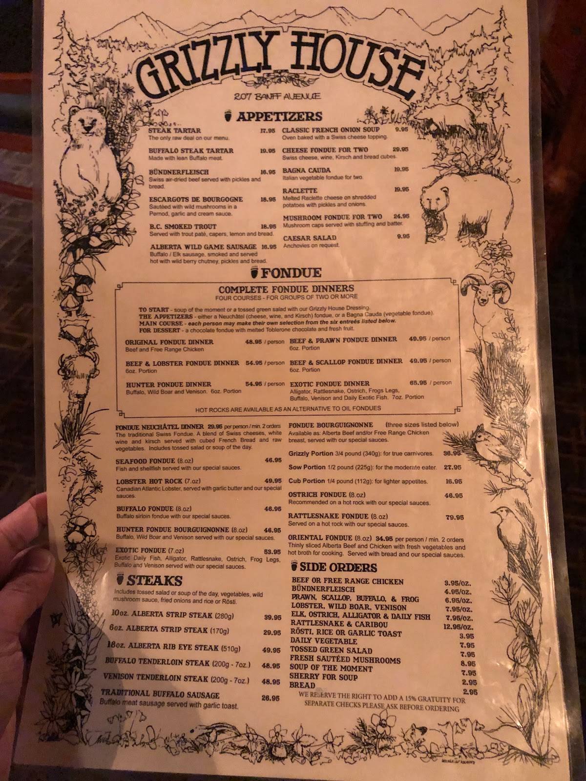Menu at The Grizzly House restaurant, Banff