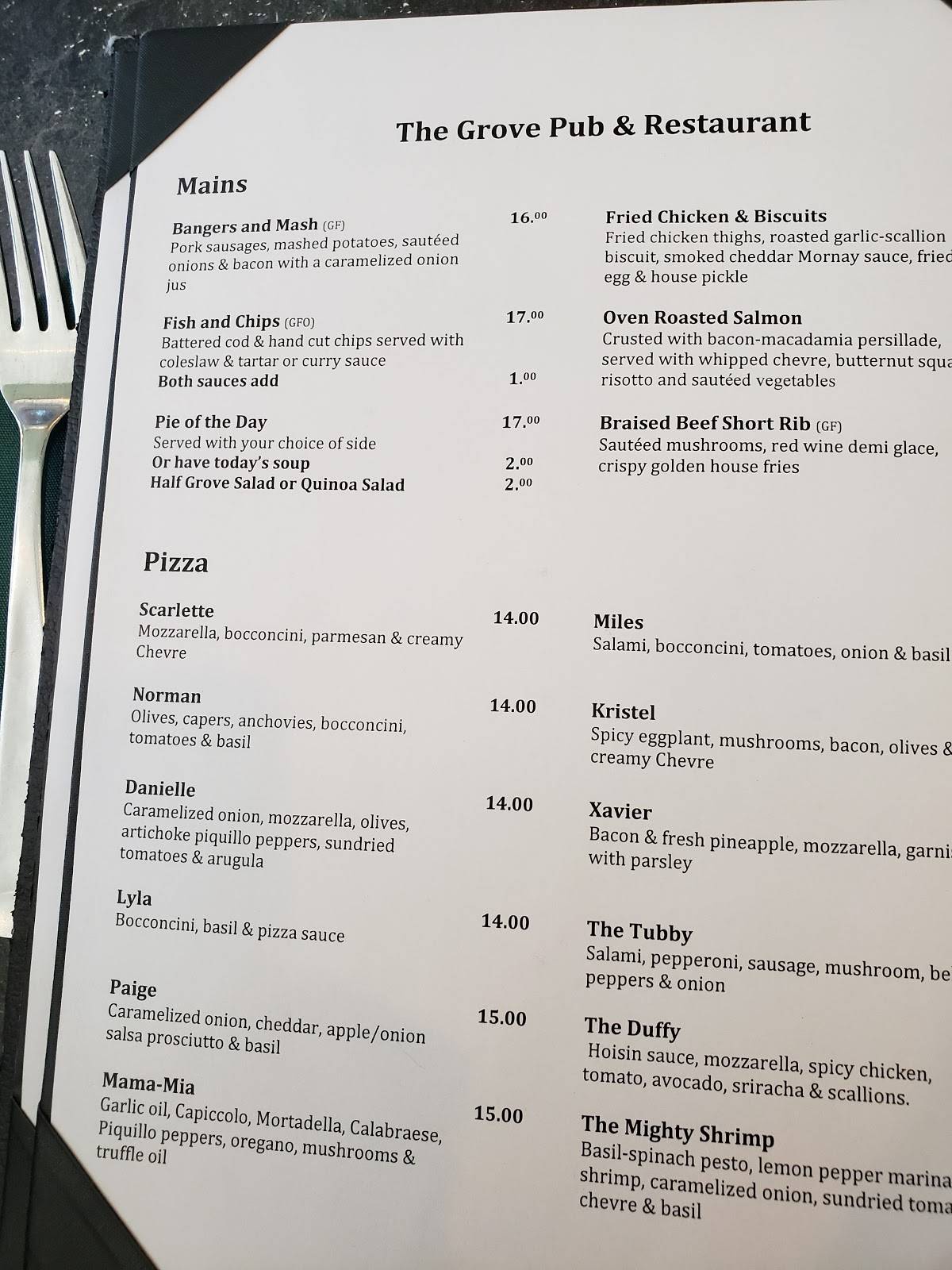 Menu at The Grove Pub & Restaurant, Winnipeg