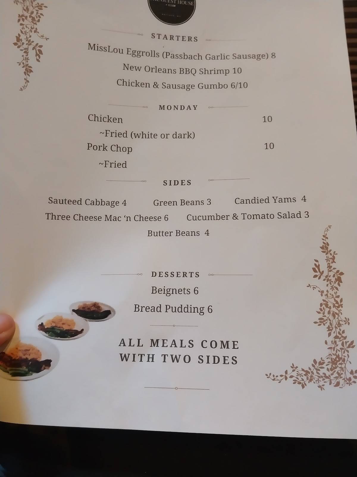 Menu at The Guest House Restaurant, Natchez