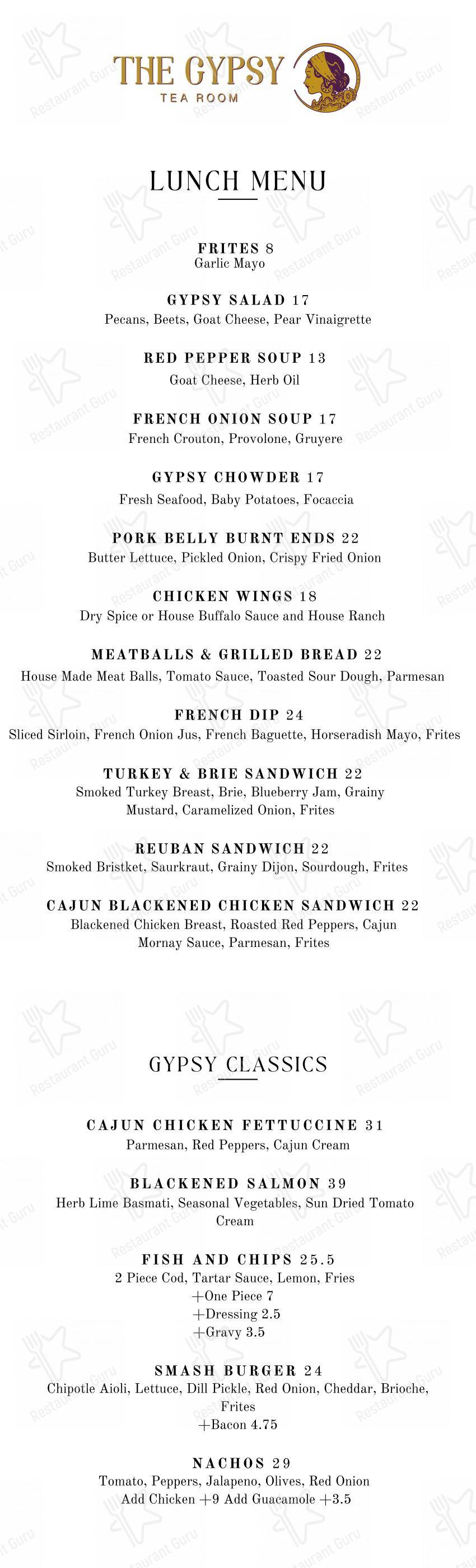 Menu at The Gypsy Tea Room restaurant, St. John's