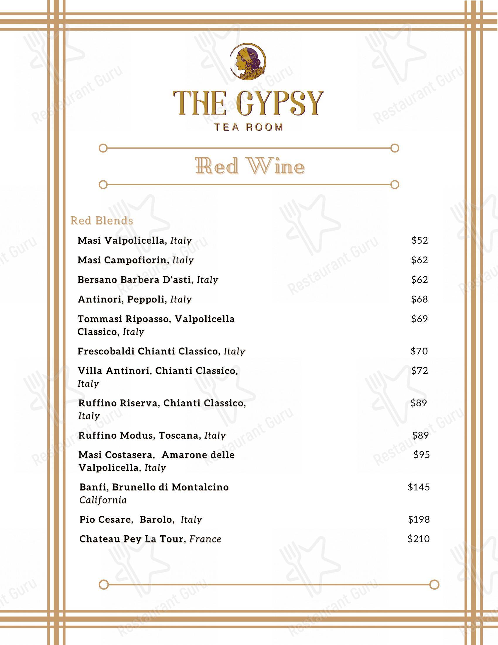 Menu at The Gypsy Tea Room restaurant, St. John's