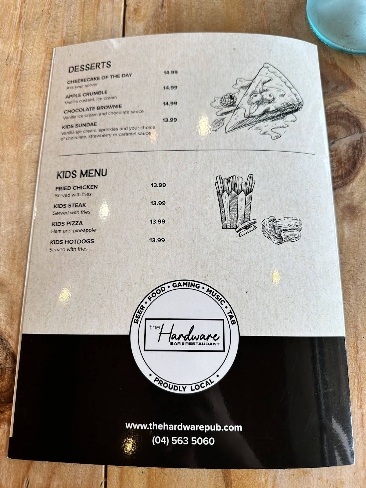 Menu at The Hardware Bar & Restaurant, Lower Hutt
