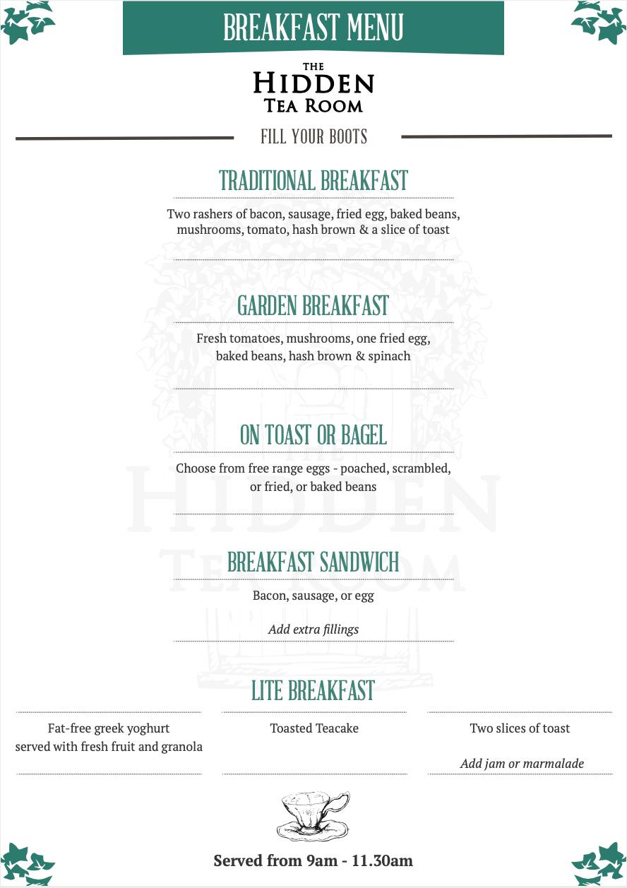 Menu at The Hidden Tearoom cafe, Knottingley