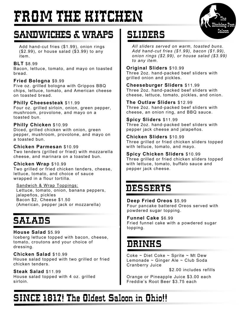 Menu at The Hitching Post Saloon pub & bar, Darrtown, Hamilton Richmond Rd