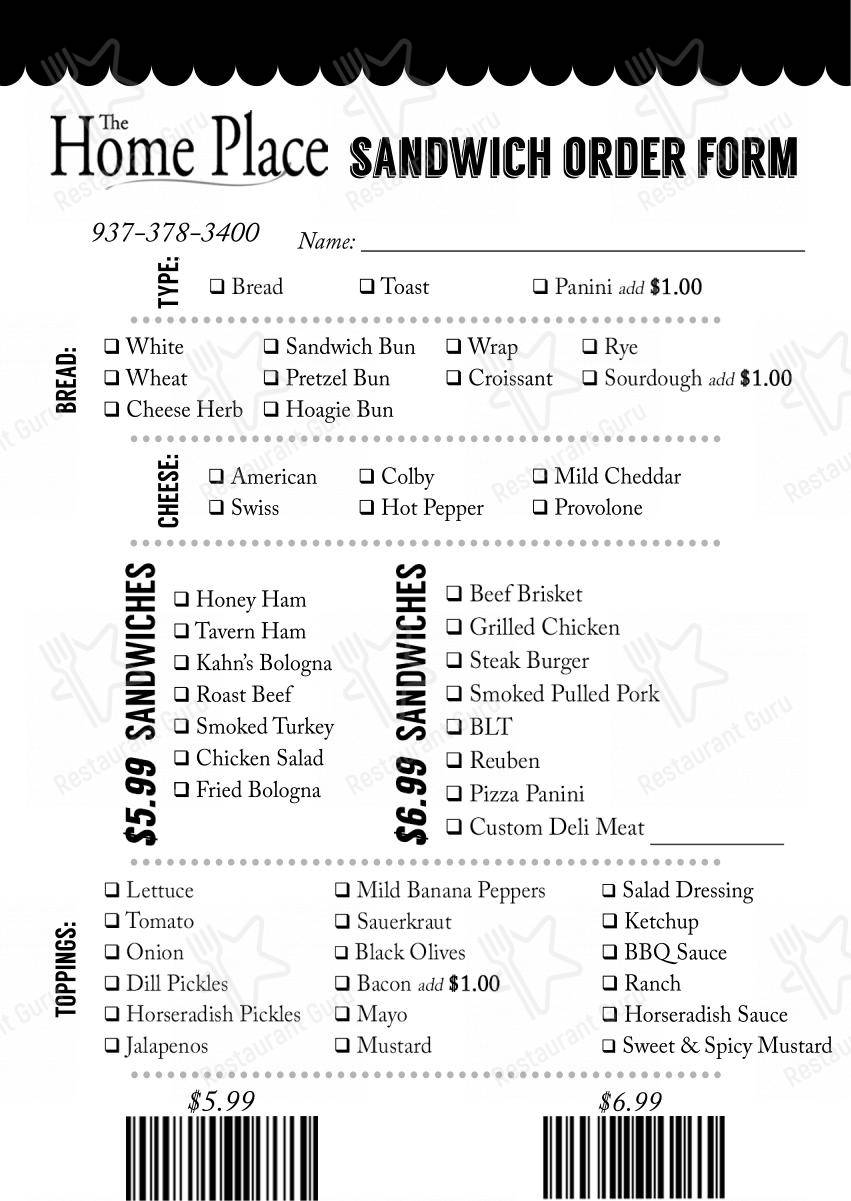 Menu at The Home Place restaurant, Georgetown