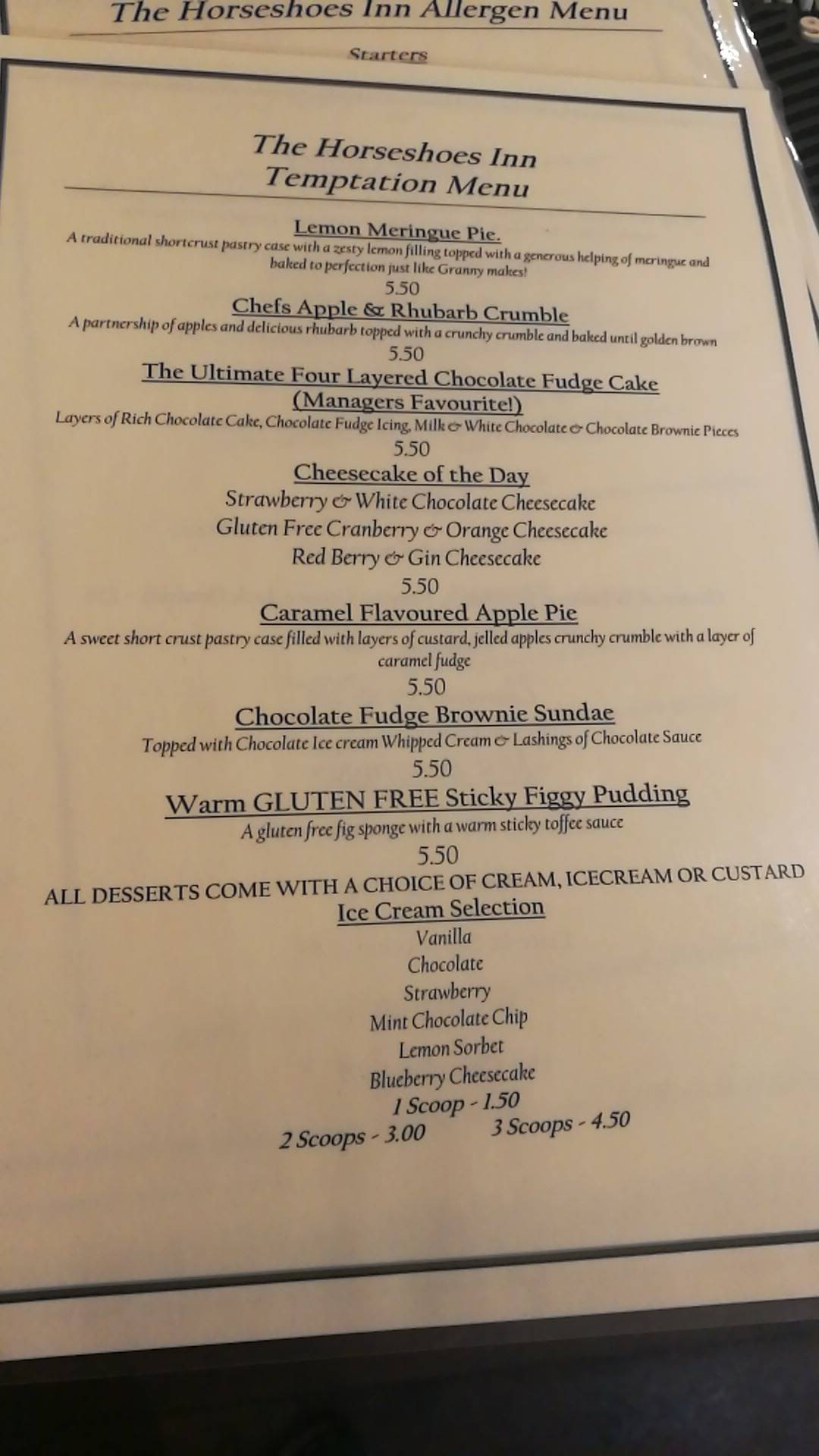 Menu at The Horseshoes Inn pub & bar, Welshpool