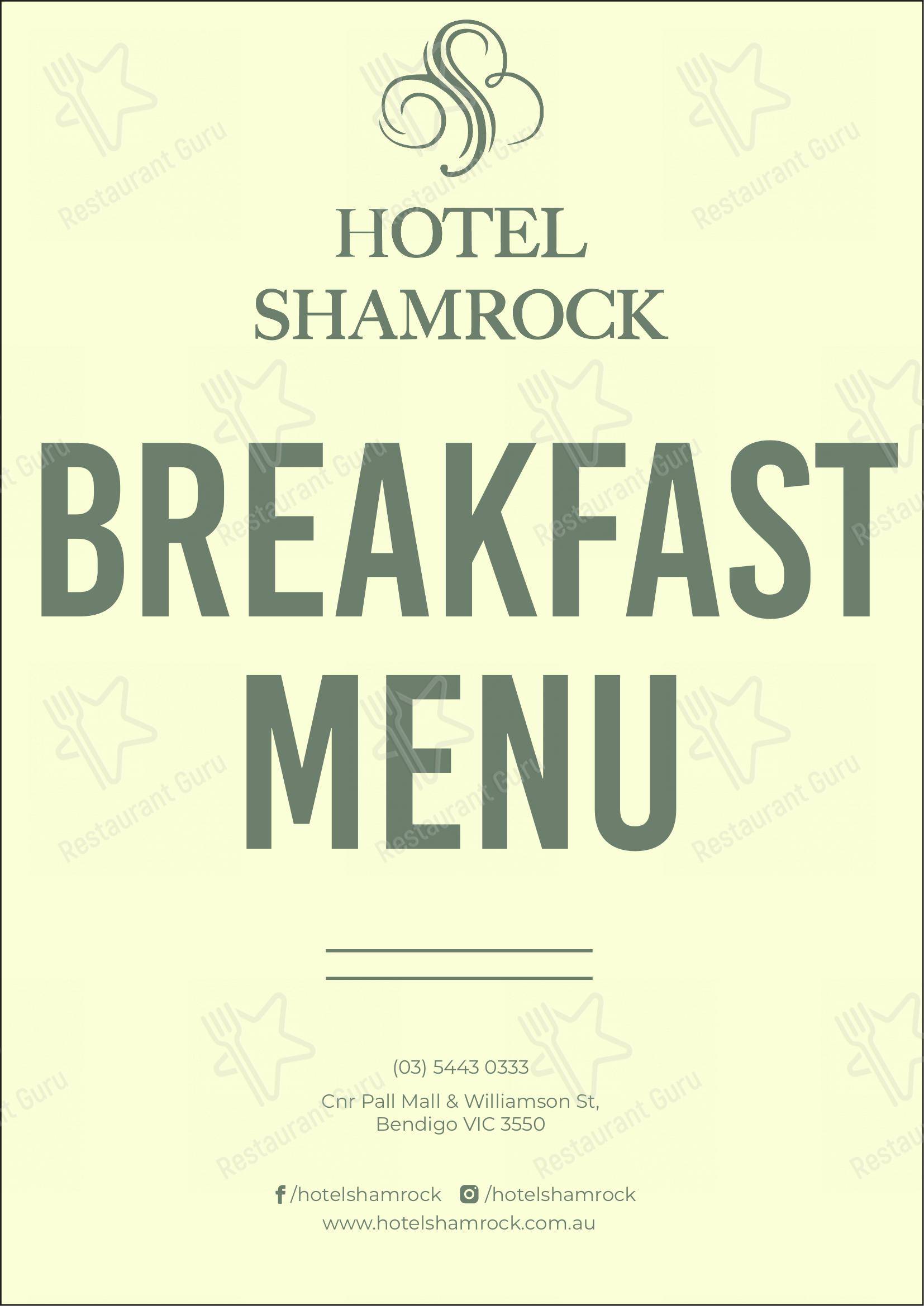 Menu at The Hotel Shamrock pub & bar, Bendigo