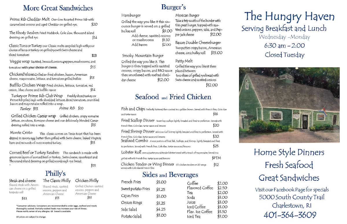 Menu at The Hungry Haven restaurant, Charlestown, S County Trail