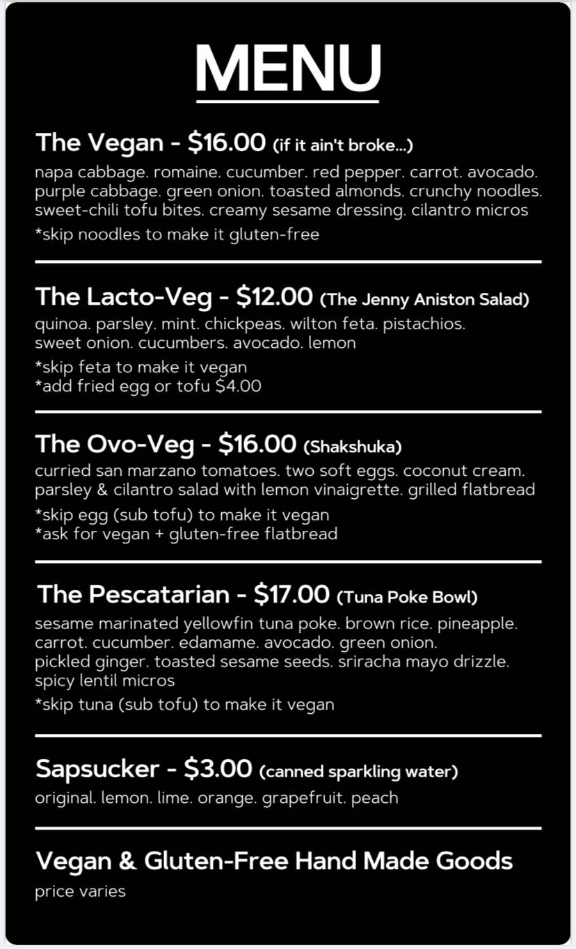 Menu at The Hungry Herbivore (food truck) restaurant, Gananoque