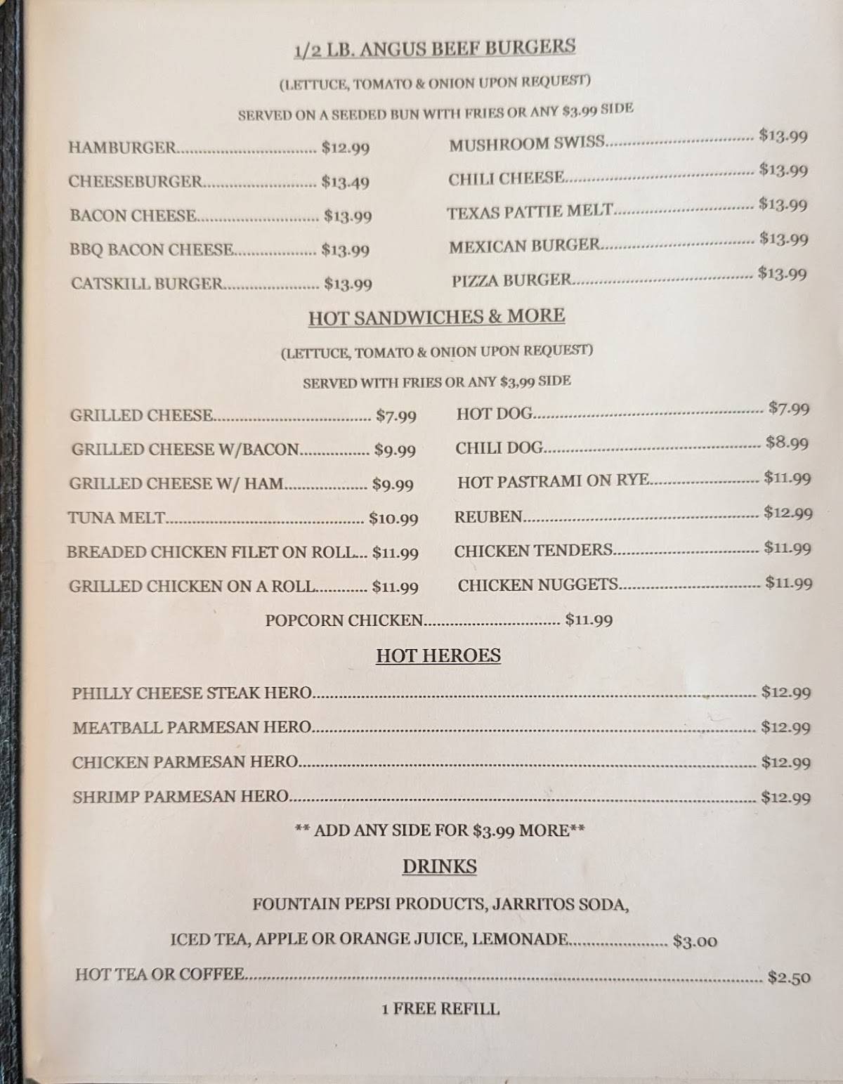Menu at The Inn Between Diner steakhouse, Margaretville