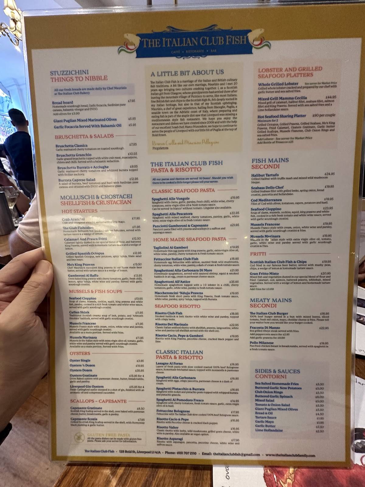 Menu at The Italian Club Fish, Liverpool