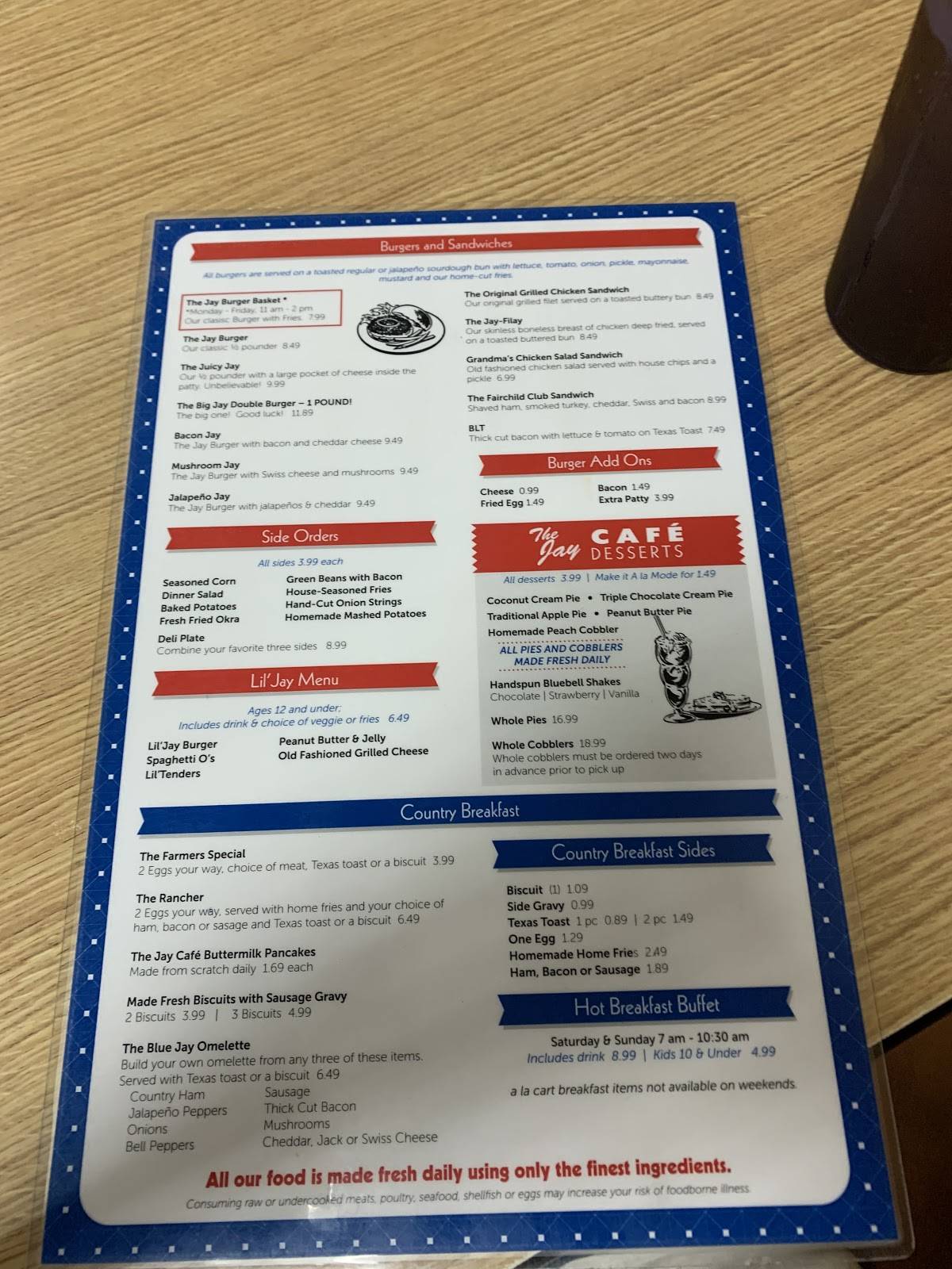 Menu at The Jay Cafe, Needville