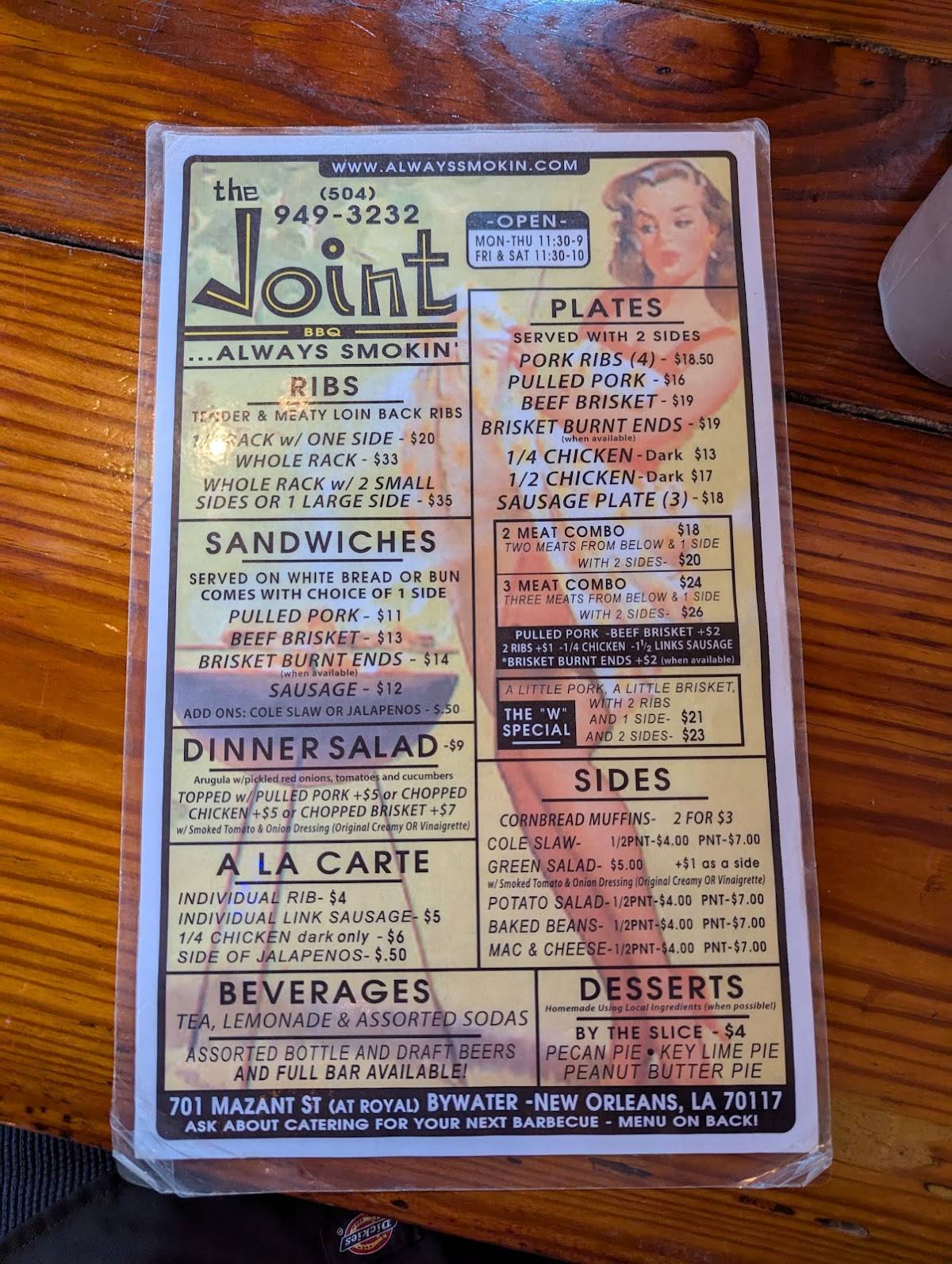 Menu at The Joint BBQ, New Orleans, 701 Mazant St
