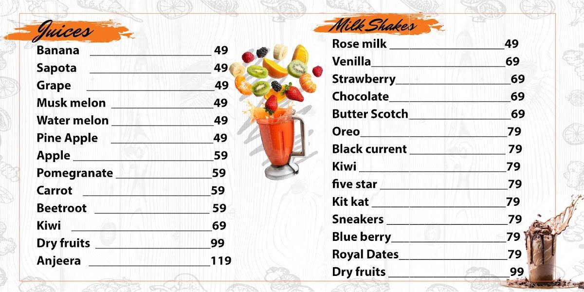 Menu at The Juice bar, Mylavaram