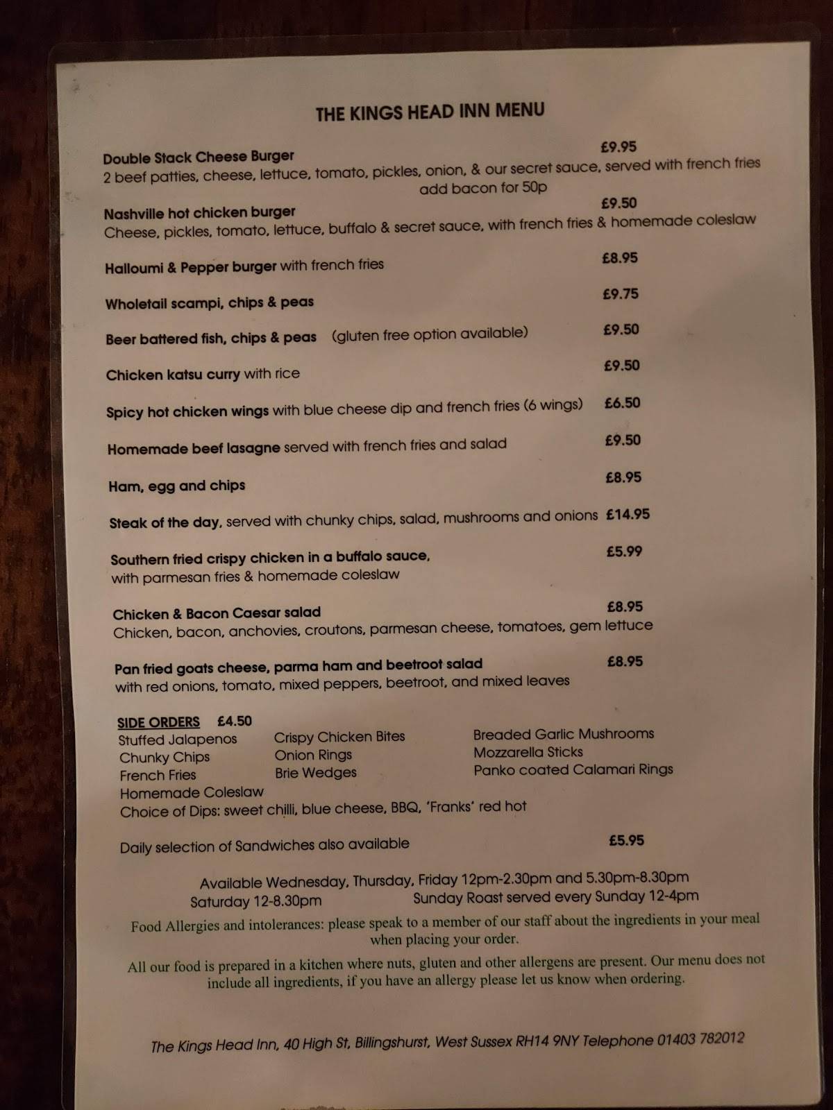 Menu at The Kings Head Inn pub & bar, Billingshurst