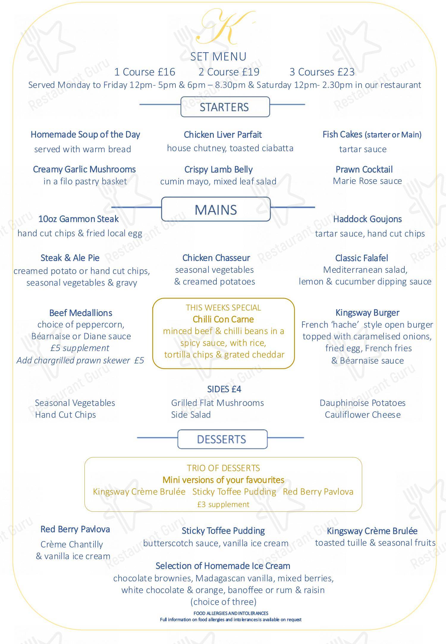 Menu at The Kingsway Hotel restaurant, Cleethorpes