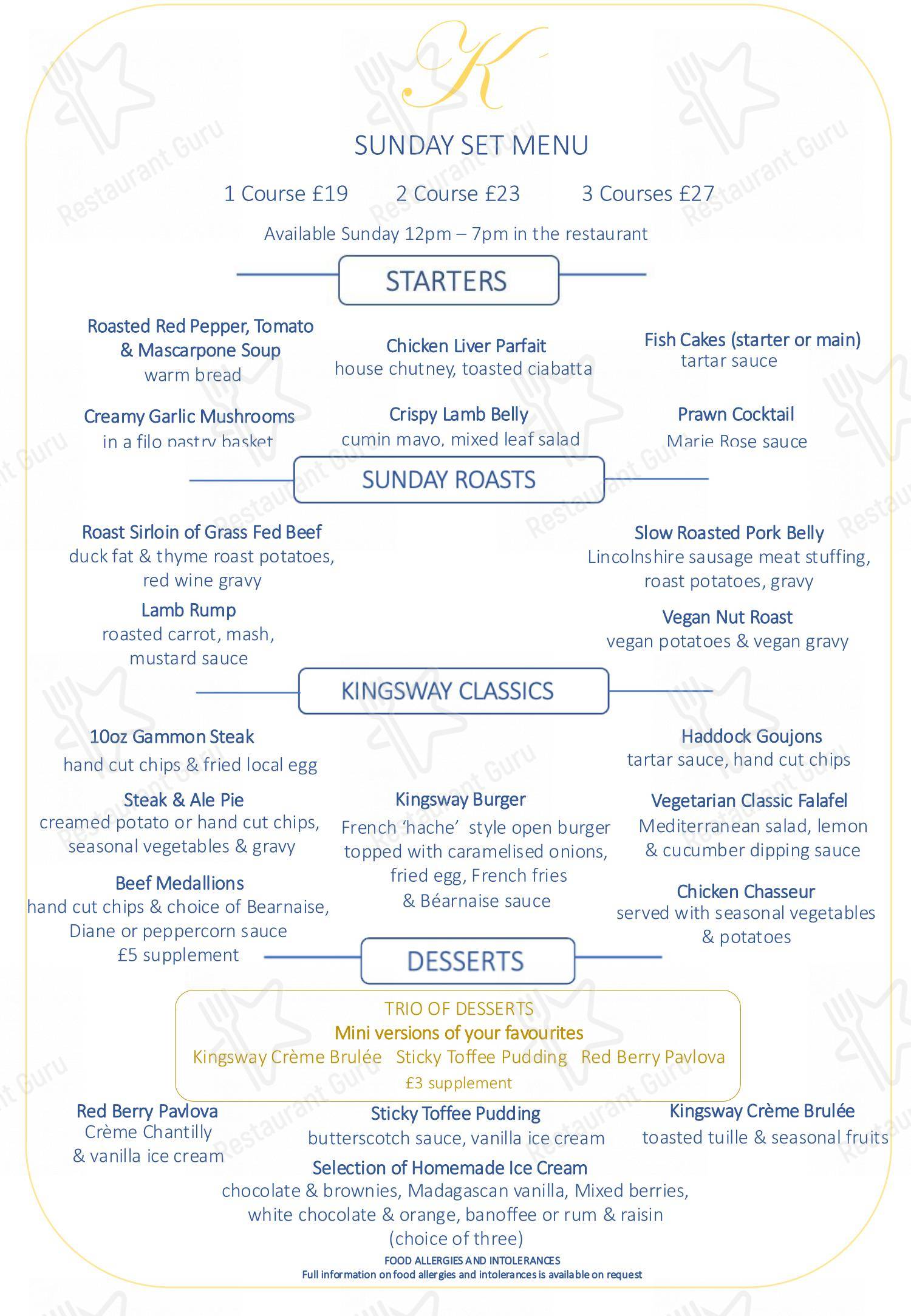 Menu at The Kingsway Hotel restaurant, Cleethorpes