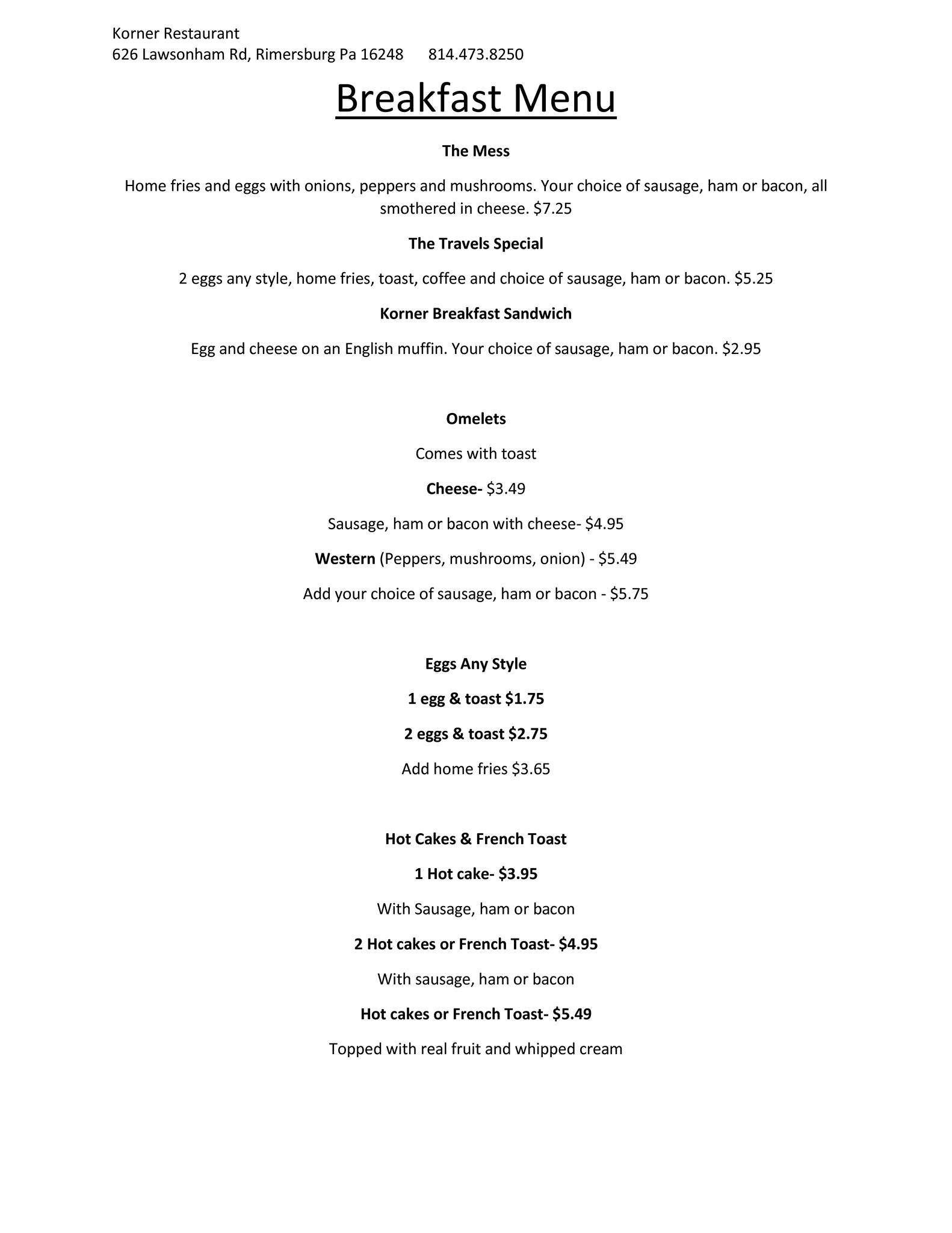 Menu at The Korner Restaurant, Rimersburg, 626 Lawsonham Rd