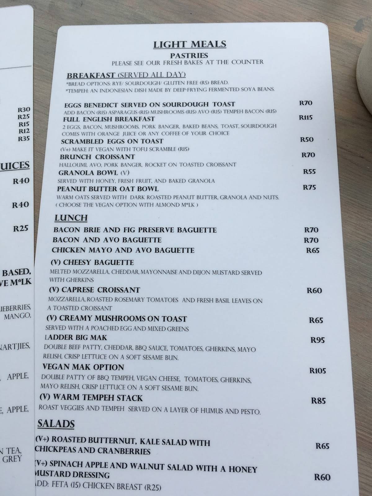 Menu at The Ladder cafe, Cape Town