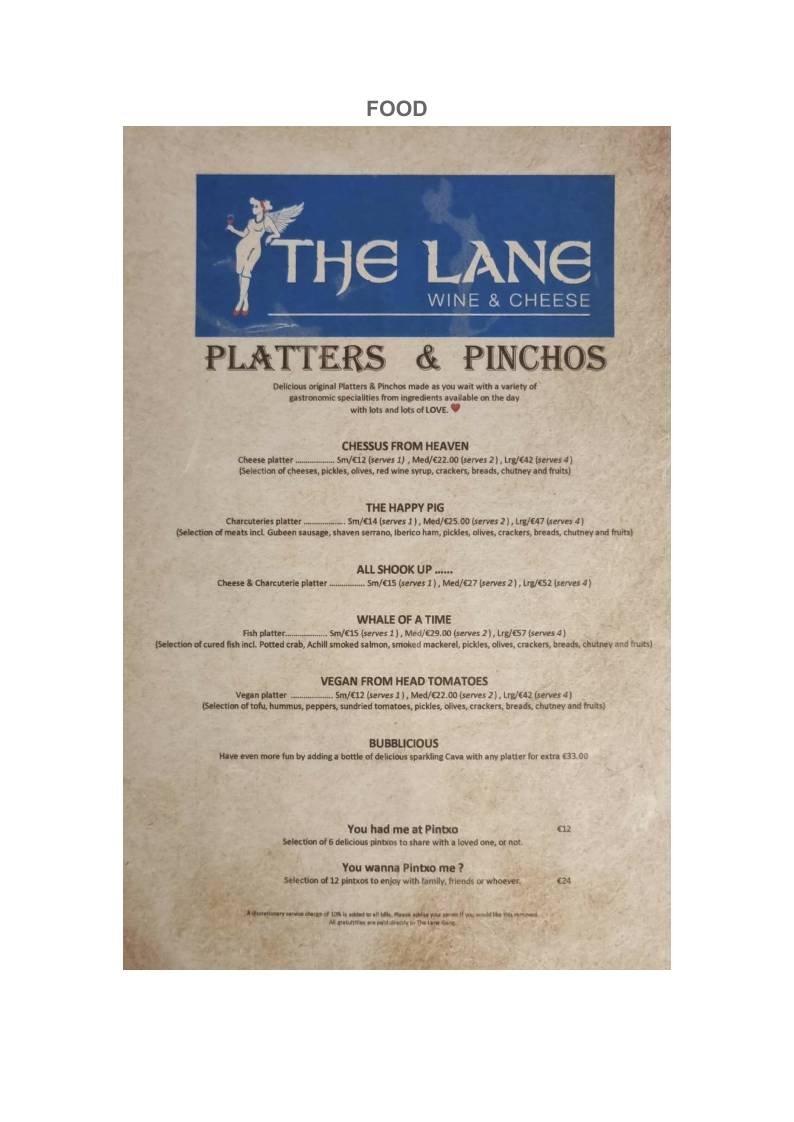 Menu at The Lane Winebar, Galway