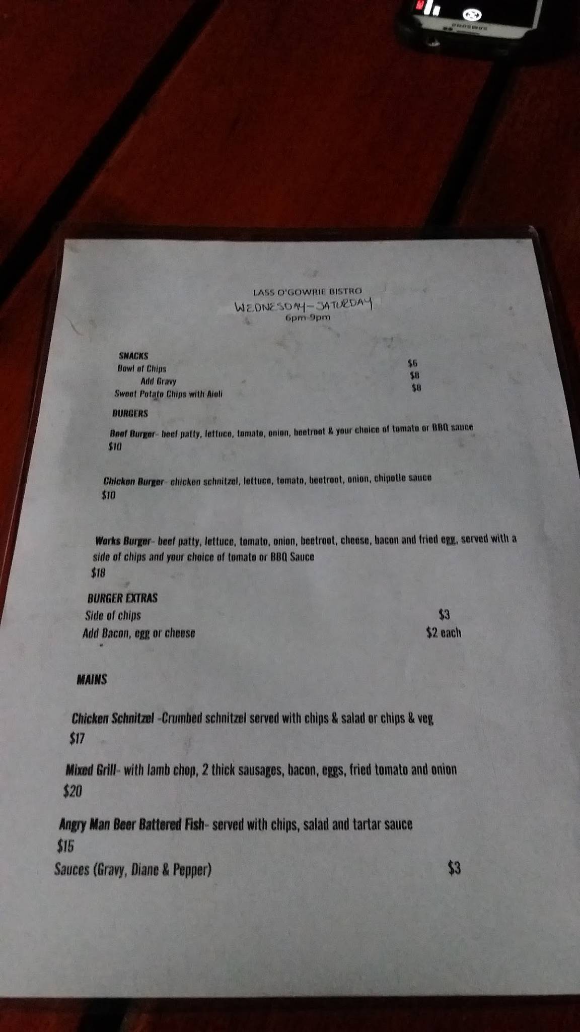 Menu at The Lass O'Gowrie Hotel pub & bar, Wickham