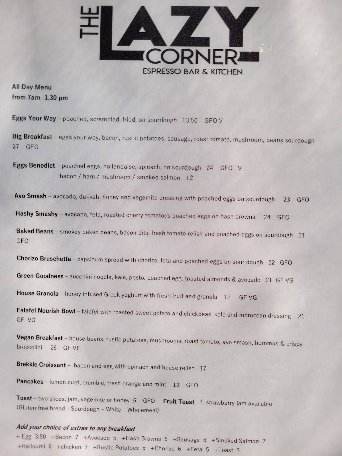 Menu at The Lazy Corner cafe, Mundaring