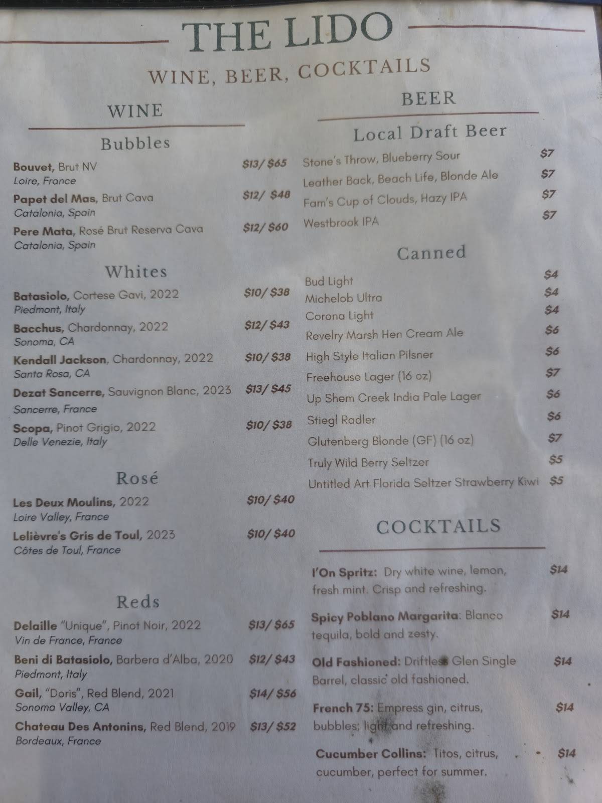 Menu at The Lido restaurant, Mount Pleasant