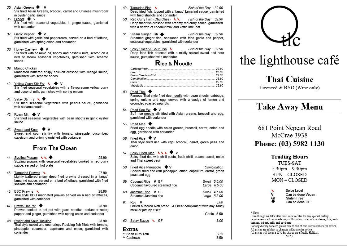 Menu at The Lighthouse Cafe Thai Restaurant, McCrae