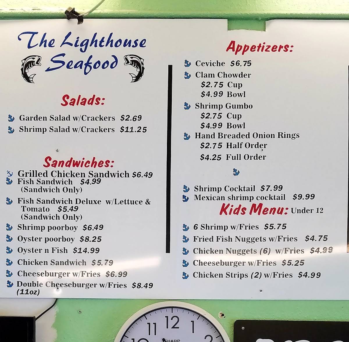 Menu at The Lighthouse Seafood restaurant, San Antonio