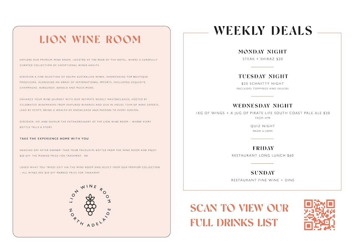 Menu at The Lion Hotel pub & bar, North Adelaide