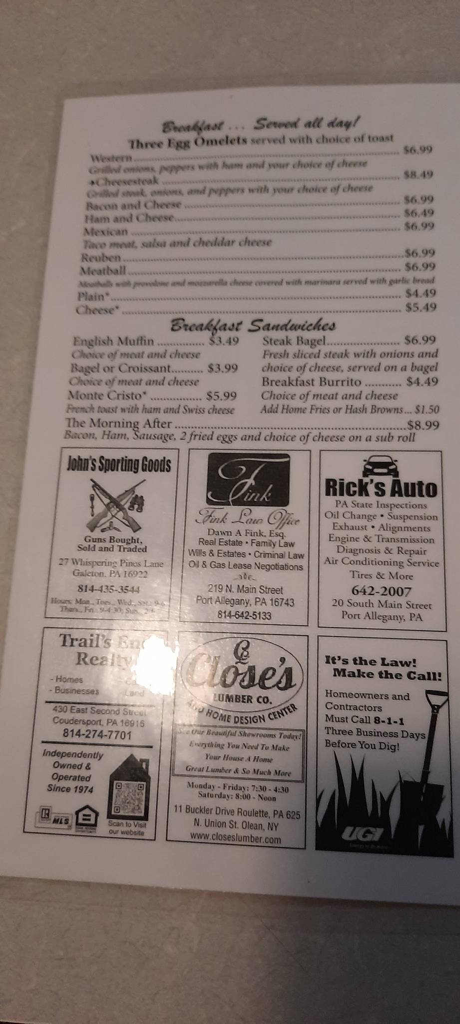 Menu at The Little Red Diner restaurant, Port Allegany