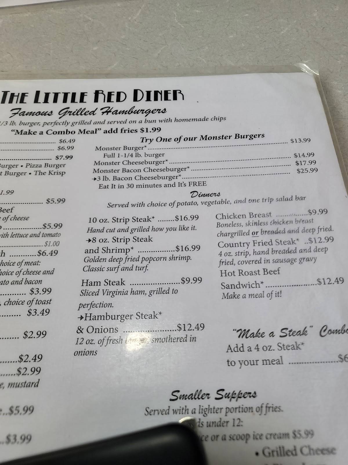 Menu at The Little Red Diner restaurant, Port Allegany