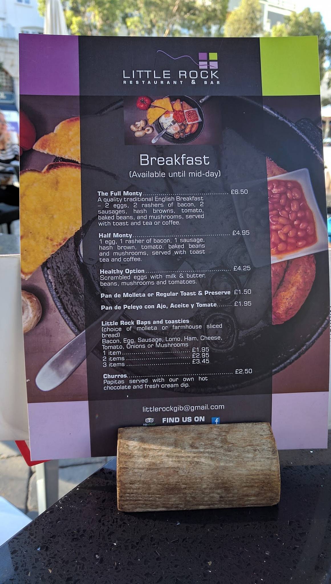 Menu at The Little Rock restaurant, Gibraltar