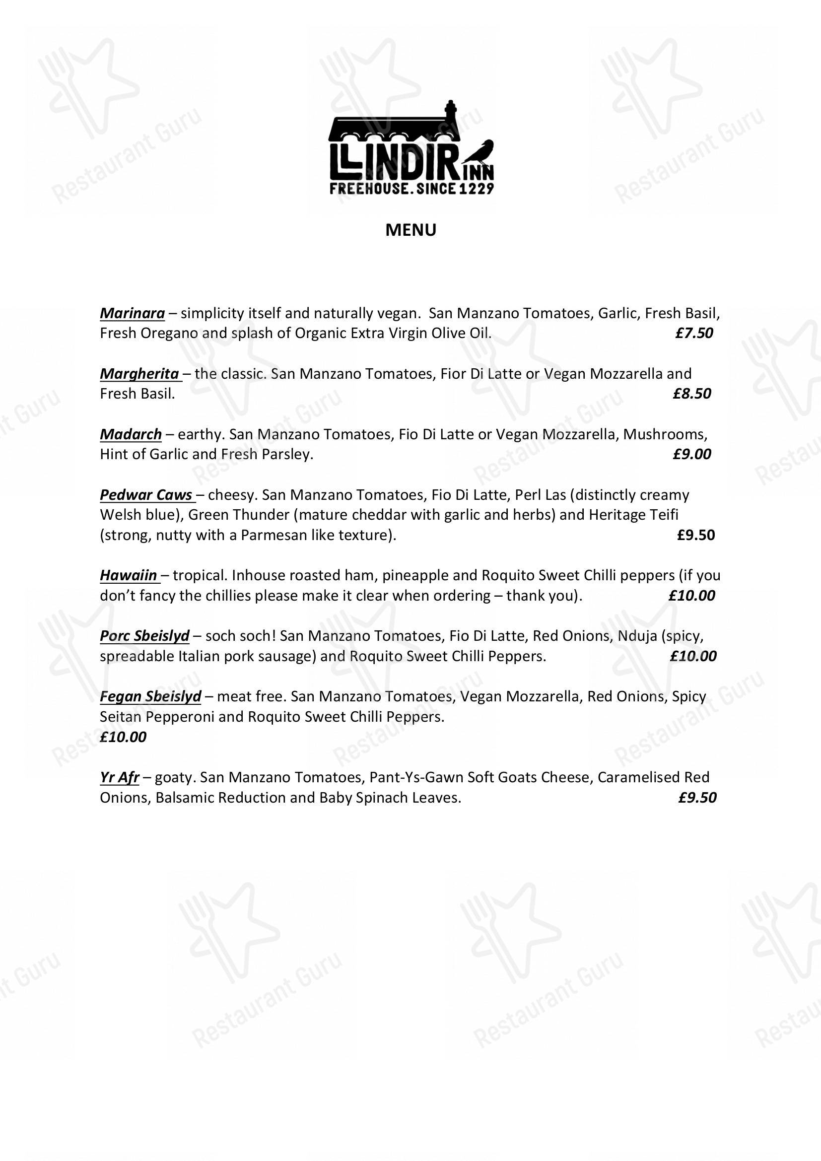 Menu at The Llindir Inn pub & bar, Henllan