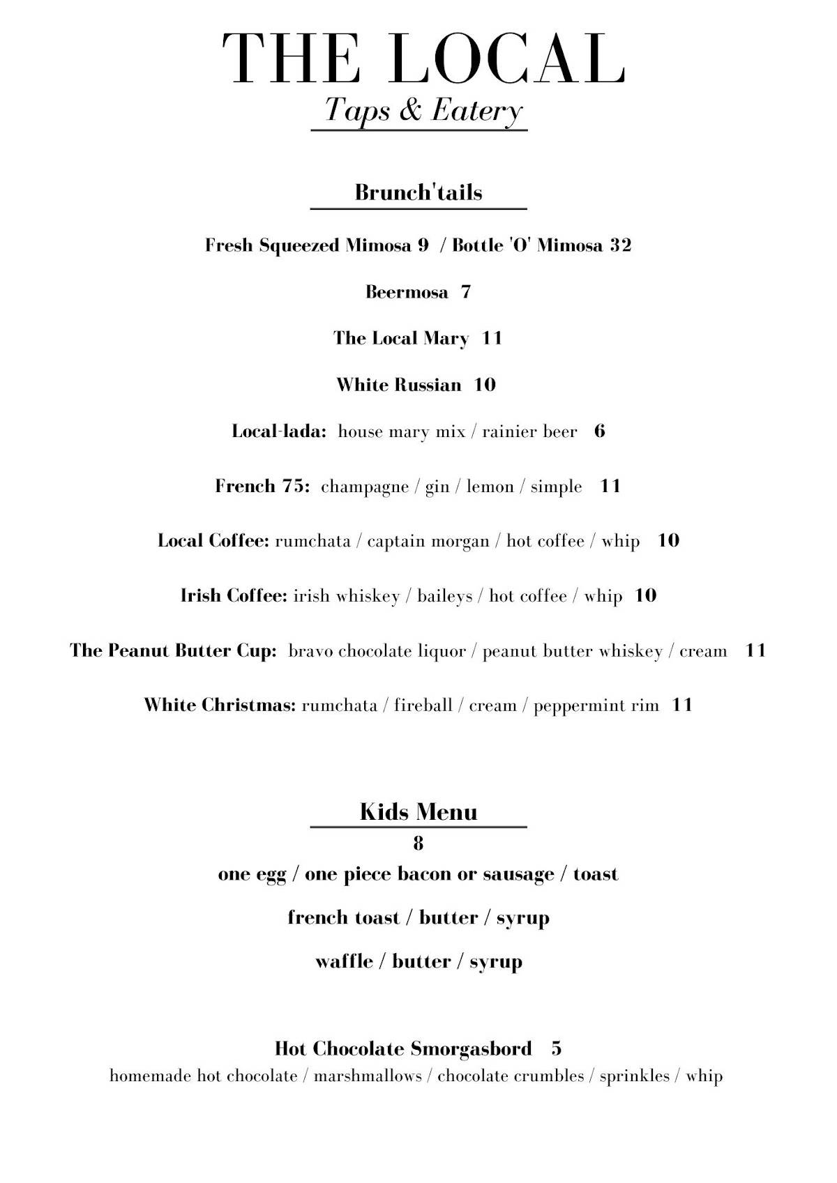 Menu at The Local pub & bar, Yelm