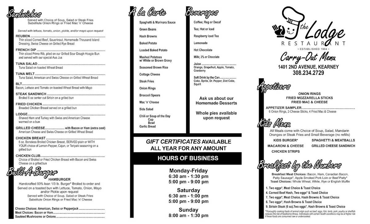 Menu at The Lodge Restaurant, Kearney