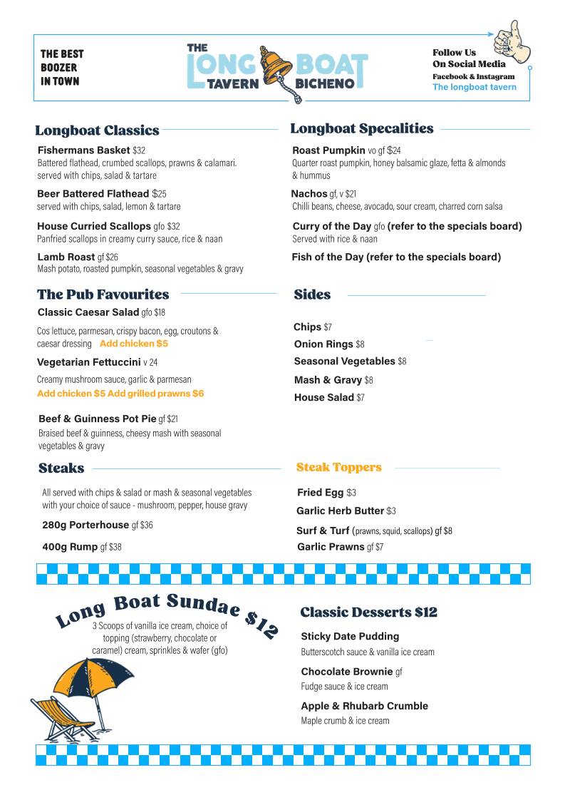 Menu at The Long Boat Tavern pub & bar, Bicheno