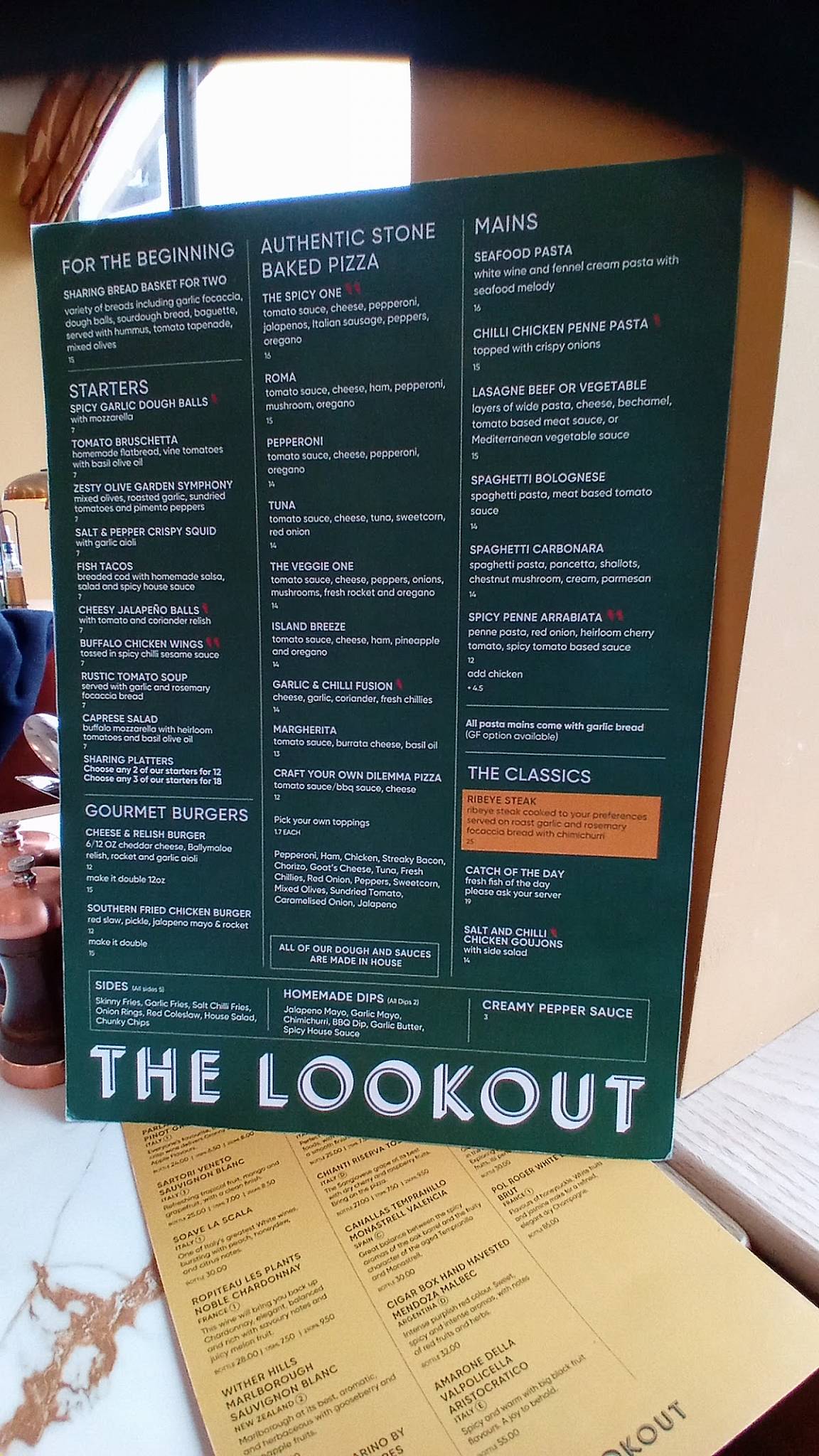 Menu at The Lookout restaurant, Ballycastle