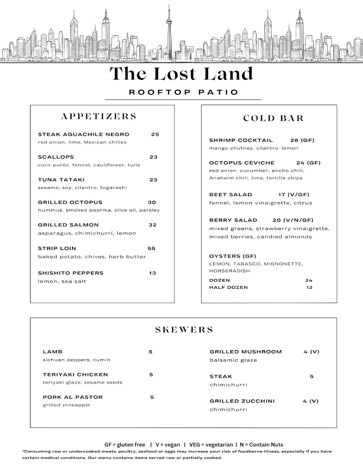 Menu au The Lost Land restaurant, Toronto