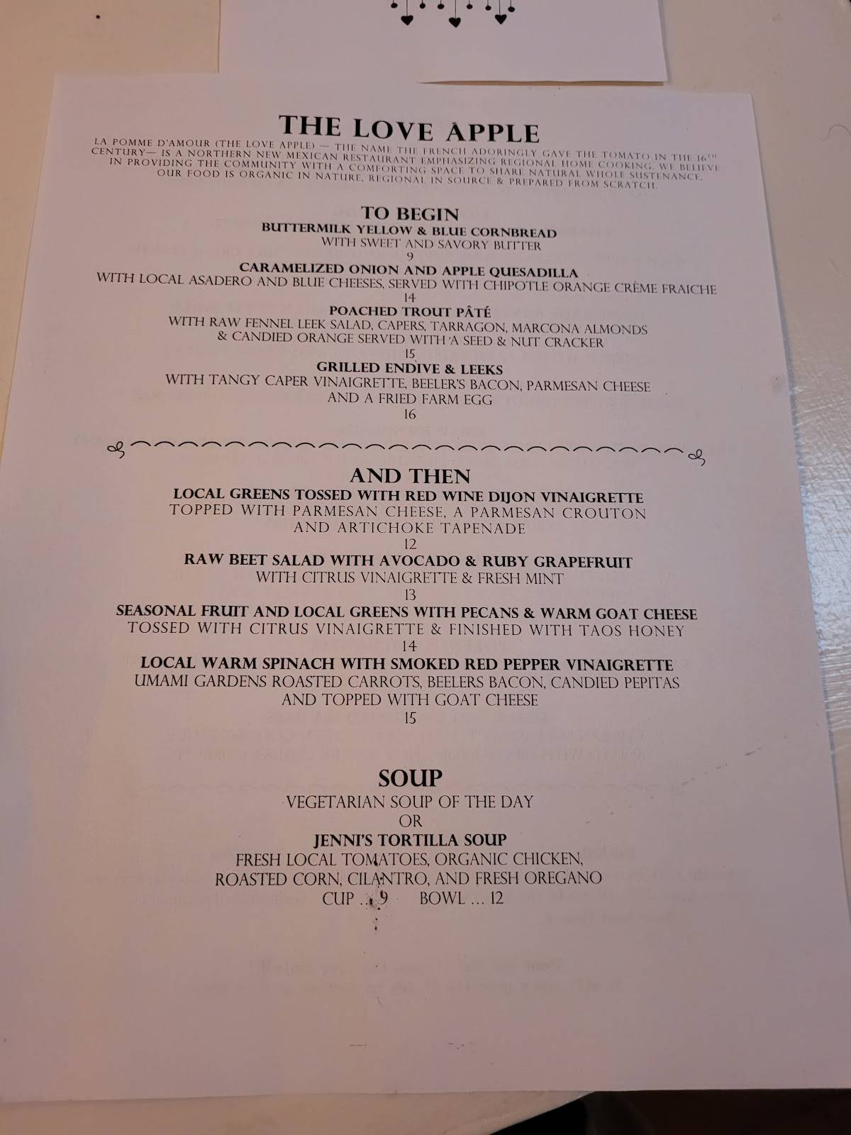Menu at The Love Apple restaurant, Taos