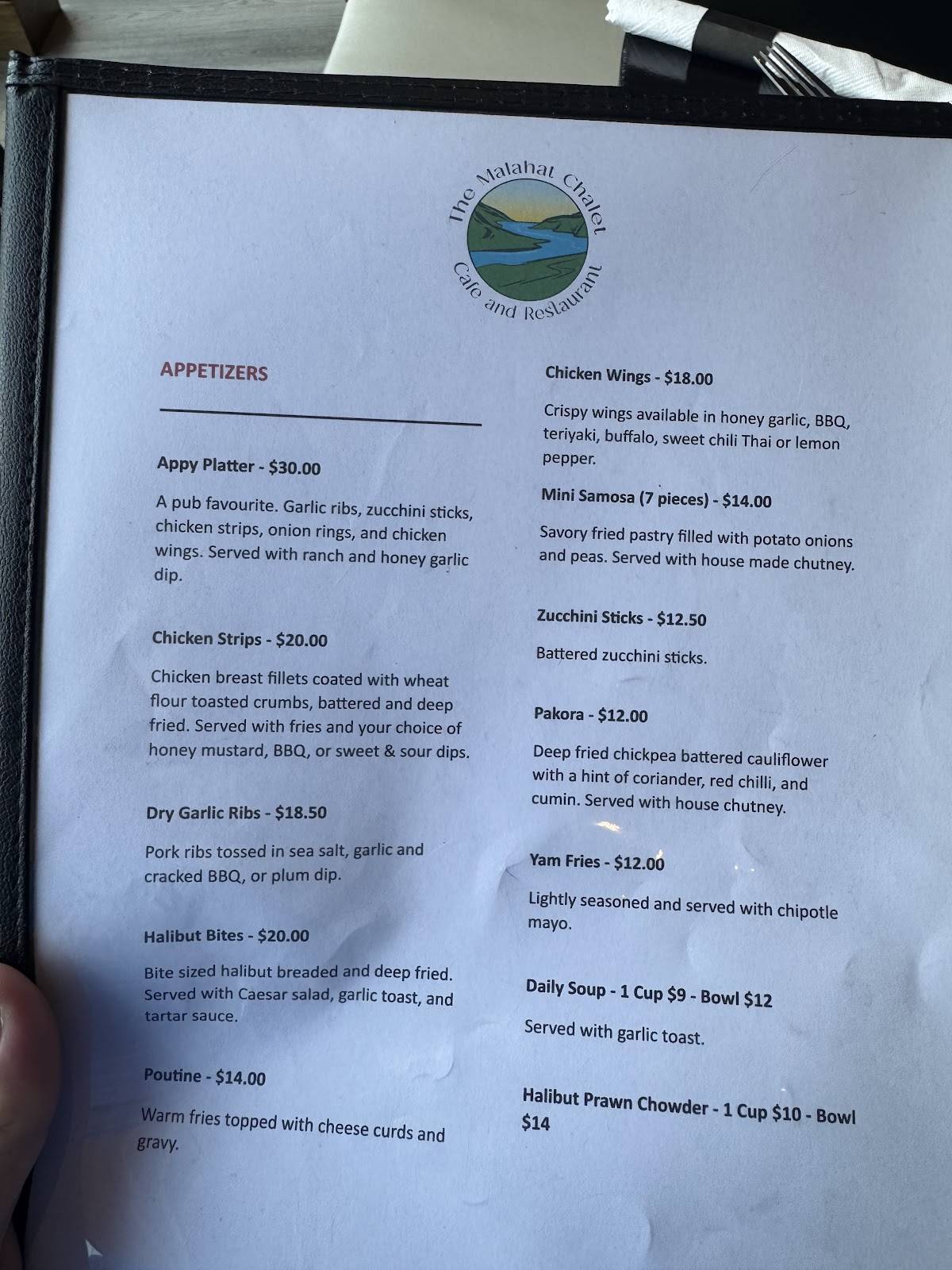 Menu at The Malahat Chalet restaurant, Malahat