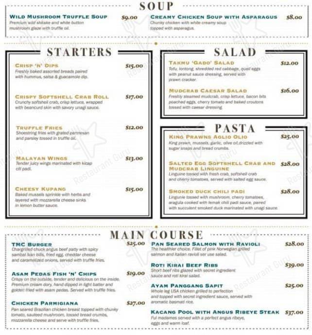 Menu at The Malayan Council- Dunlop cafe, Singapore, 22 Dunlop St
