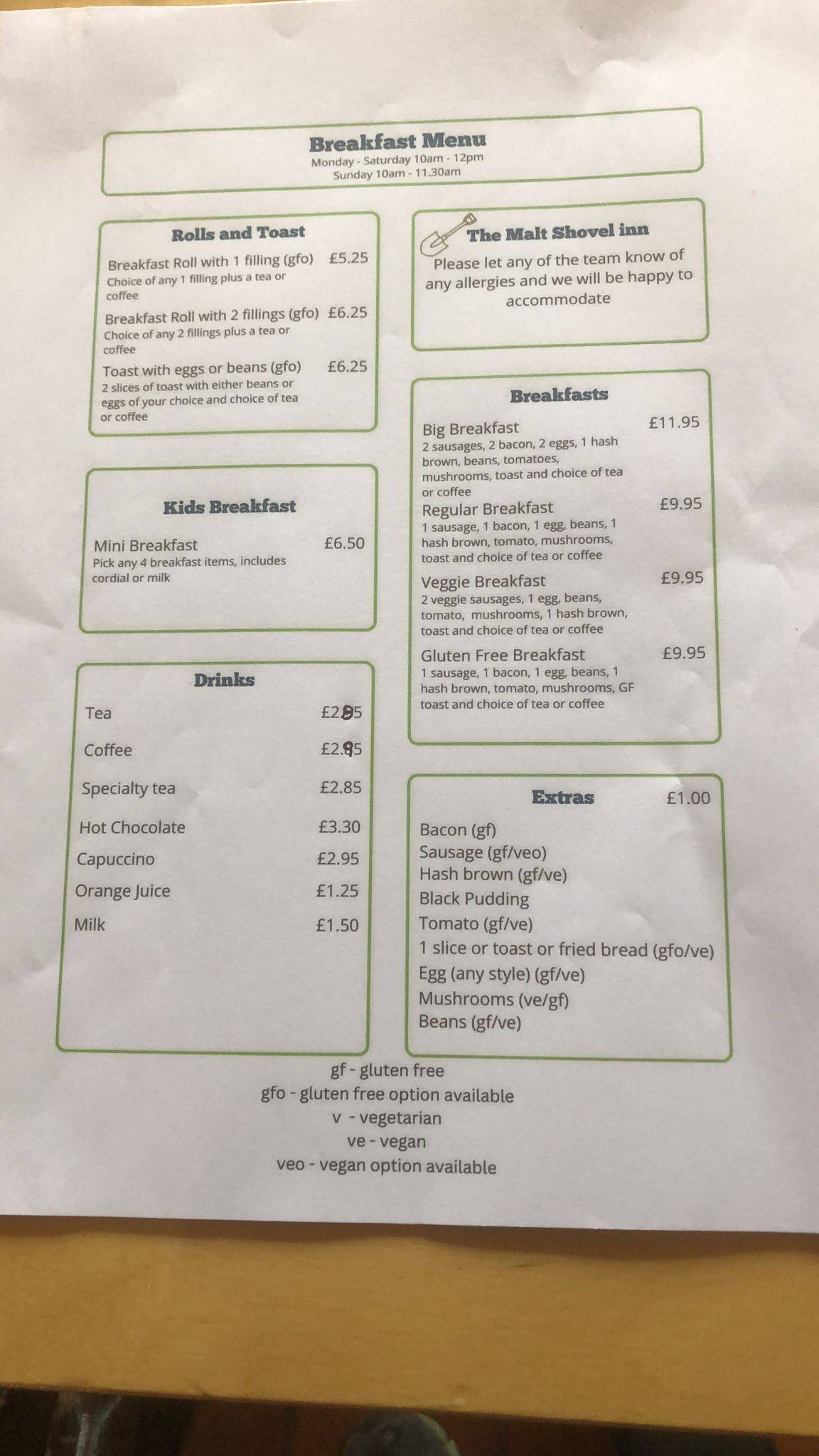 Menu at The Malt Shovel Shardlow pub & bar, Derby, 49 The Wharf